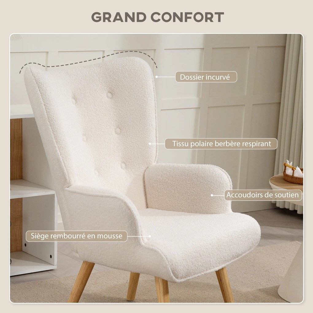 HOMCOM Boucle Fabric Lounge Chair, Moderní Čalouněné Křeslo s Dřevěnými Nohami, Ergonomický Křídlatý Design s Knoflíkovým Prošíváním, pro Jídelnu, Ob…