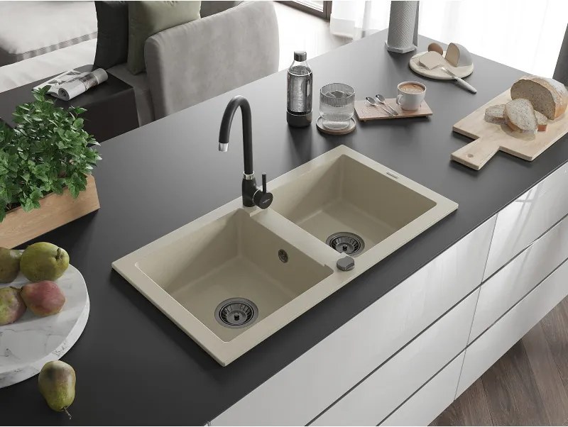 Mexen Mario, granitový dřez 820x436x161 mm, 2-komorový, béžová s černým sifonem, 6504822000-69-B