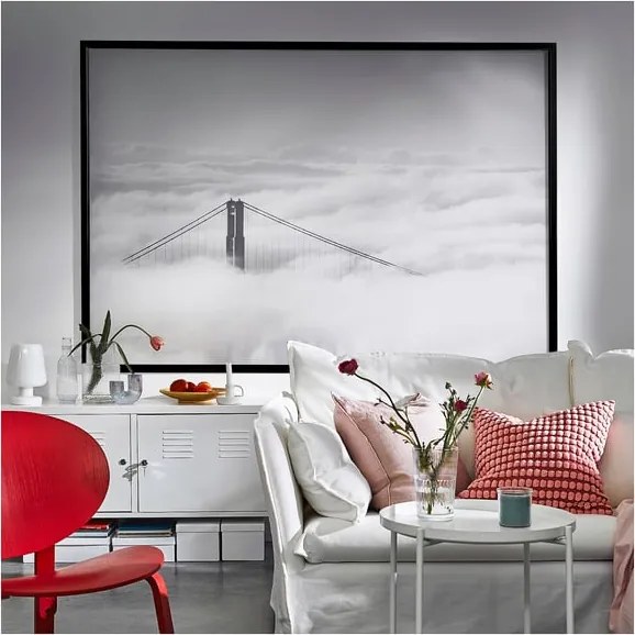 BJÖRKSTA Obraz s rámem, most a mraky/černá, 200x140 cm