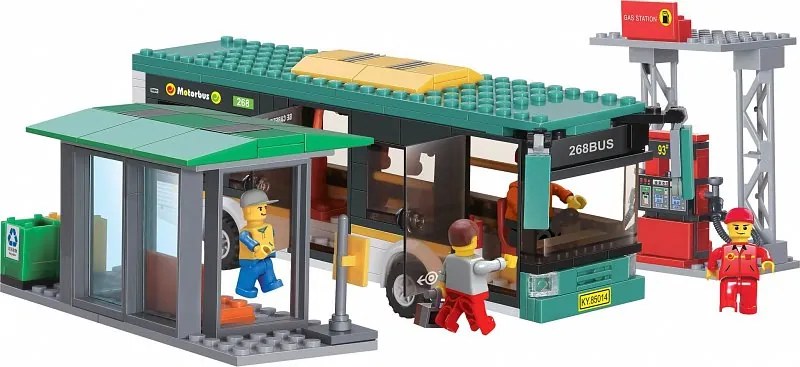 Blocki stavebnice Linkový autobus, zastávka a čerpací stanice typ LEGO 341 dílů