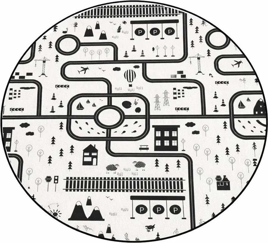 Černobílý pratelný dětský hrací koberec ø100 cm In My Town – Mila Home
