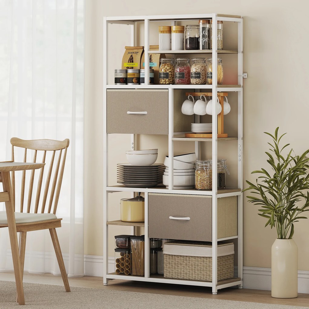 HOMCOM úložný regál 6 pater, knihovna se 2 látkovými zásuvkami, 9 otevřených přihrádek, 72,5 x 30 x 150 cm, bílá