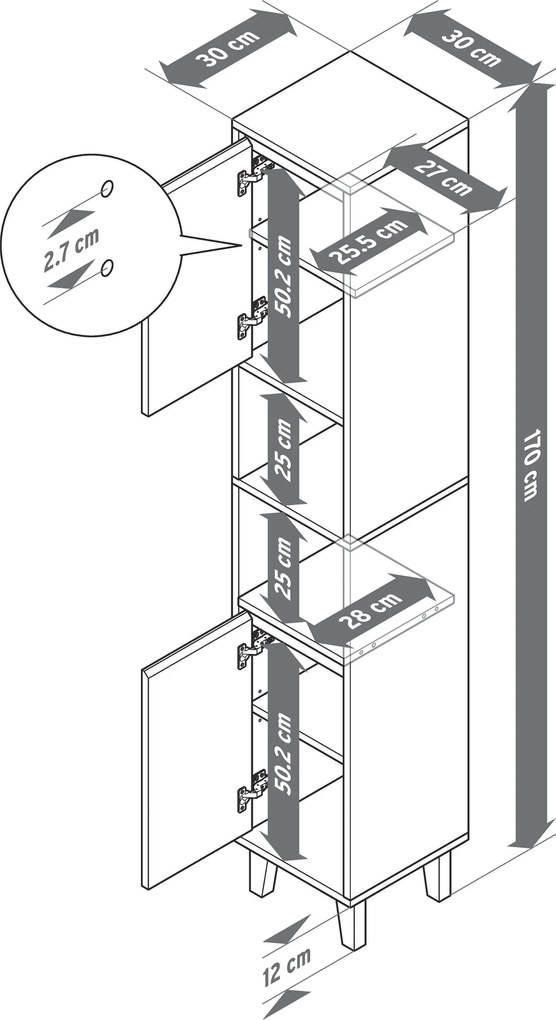 Tchibo - Vysoká koupelnová skříňka s otevřeným prostorem a 2 dvířky - barva: bílá