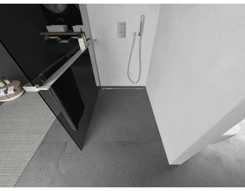 Mexen Kioto+, sprchová zástěna Walk-In s poličkou a věšákem 80 x 200 cm, 8mm šedé sklo, broušená ocel profil, 800-080-121-97-40