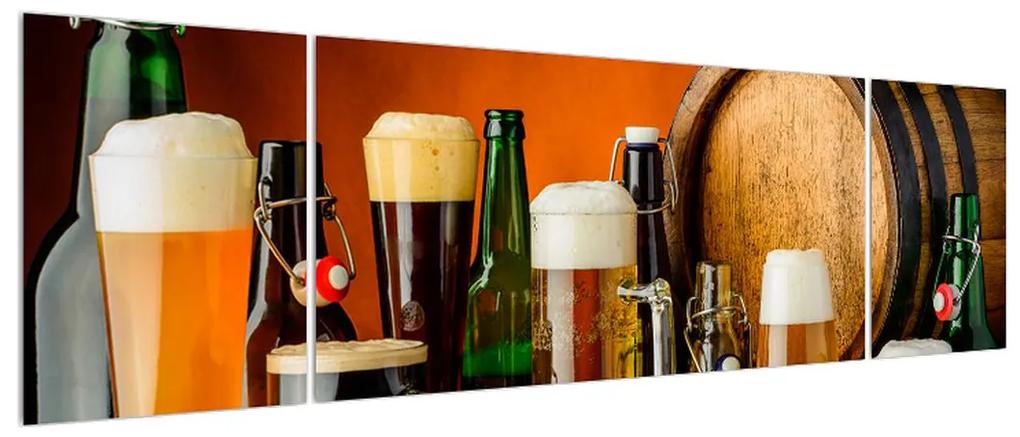 Obraz sudu a sklenic s pivem (170x50 cm)