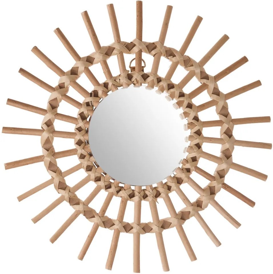 Kulaté zrcadlo slunce v proutěném rámu, dekorativní závěsné zrcadlo v rustikálním stylu