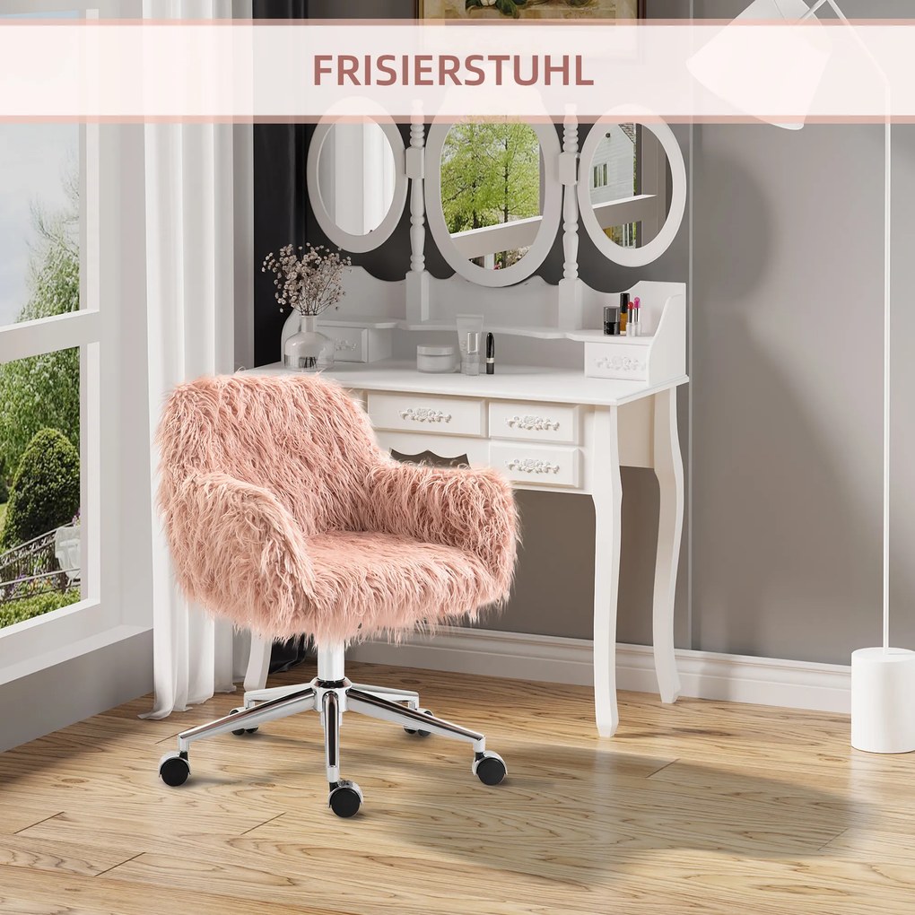 Kancelářská židle Vinsetto pro ženy, výškově nastavitelná kancelářská židle, ergonomická, umělá kožešina, růžová+stříbrná