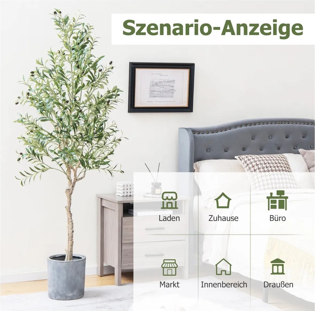 Costway Umělý olivovník s 1296 listy a 72 plody Olivovníky 182 cm, zelený