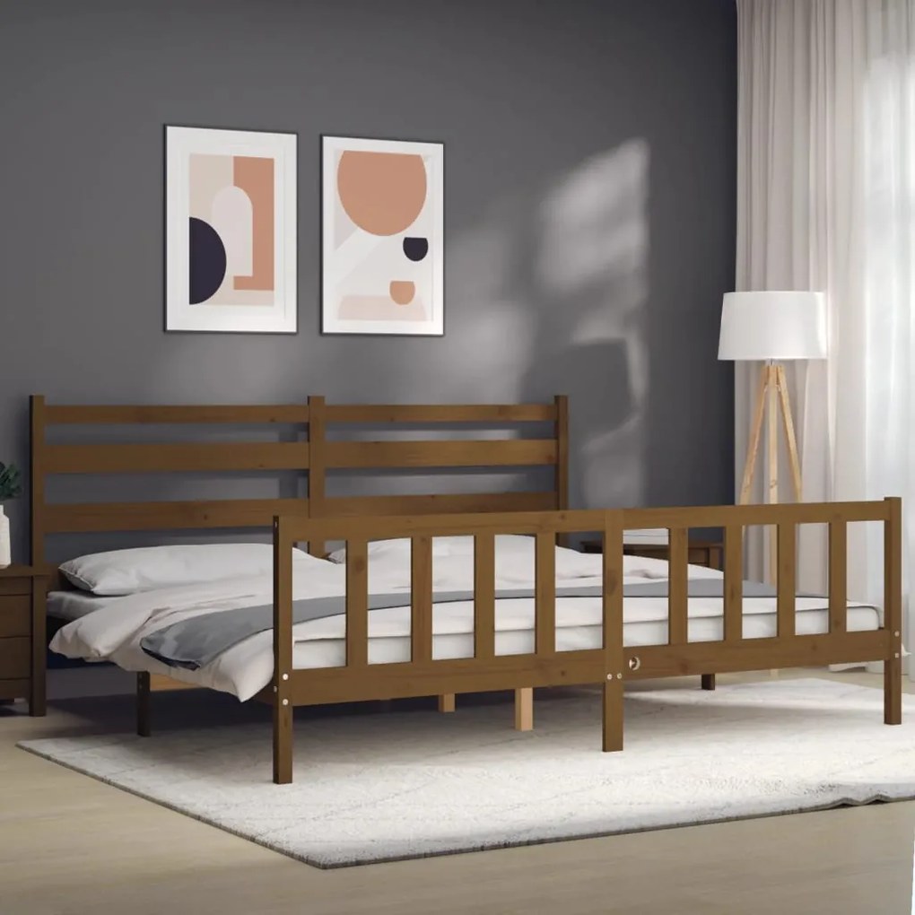 Rám postele s čelem medově hnědý 200 x 200 cm masivní dřevo,  3192059