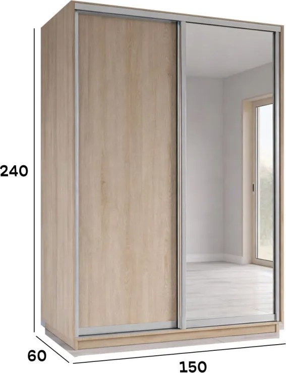 Skříň s posuvnými dveřmi 1500x2400x600 1LTD 1 Zrcadlo Dub Sonoma, profil stříbrný