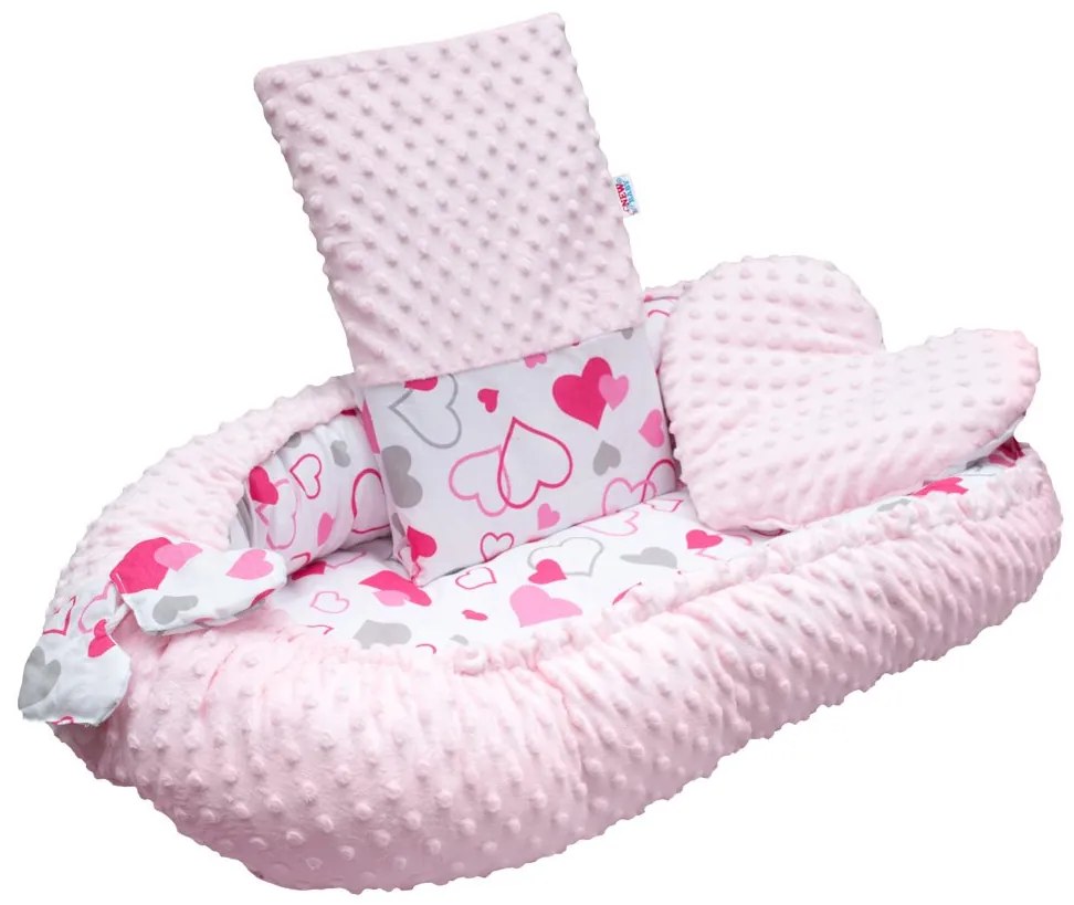 Luxusní hnízdečko s polštářkem a peřinkou New Baby z Minky růžová srdíčka Růžová