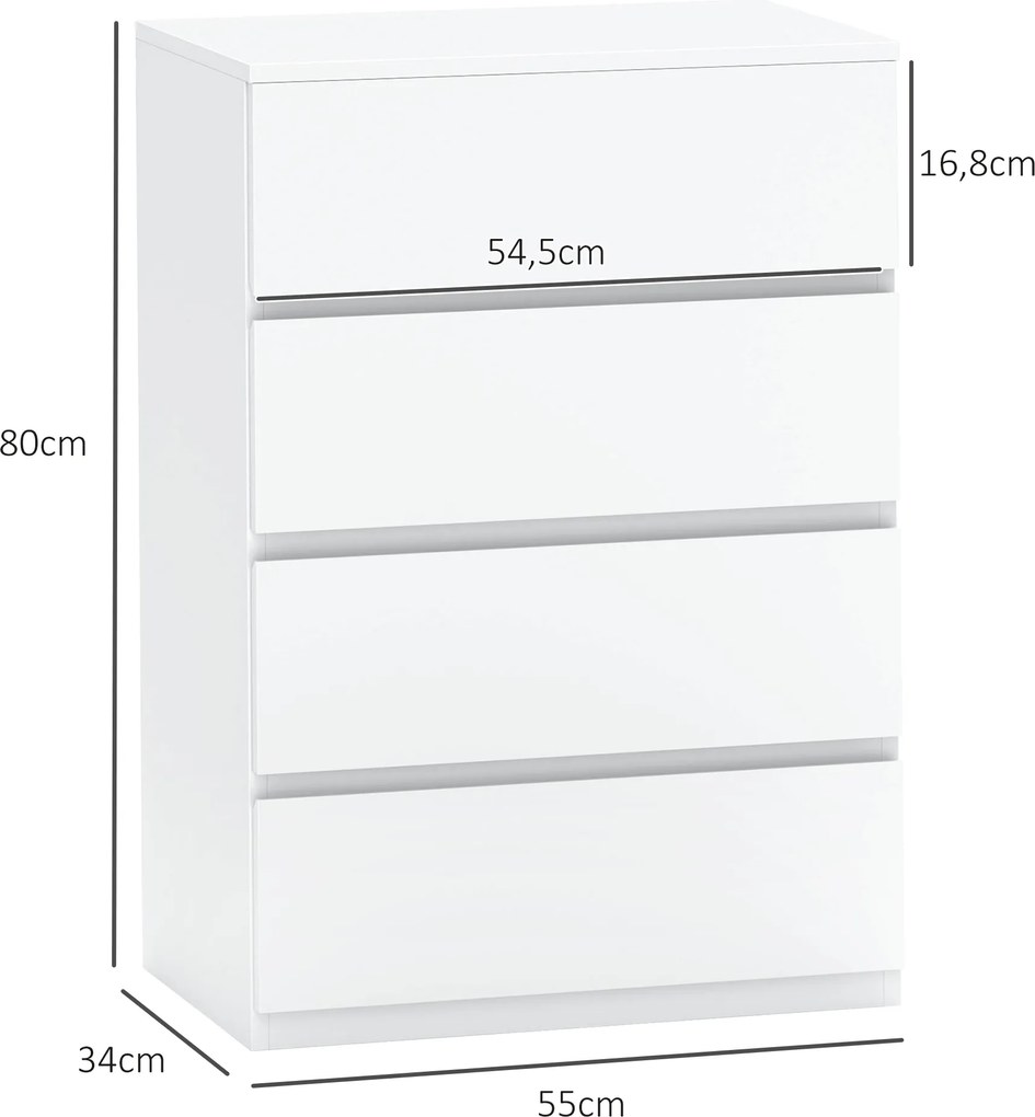 HOMCOM komoda Příborník se 4 zásuvkami, výklopná kancelářská skříň v bílé barvě, 55 x 33 x 80 cm, ideální pro obývací a pracovní prostory | Aosom.de
