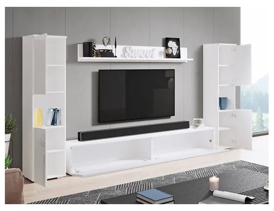 Obývací stěna Bamisio XL, Barva: bílá + šedý lesk, Osvětlení: osvětlení LED - bílé