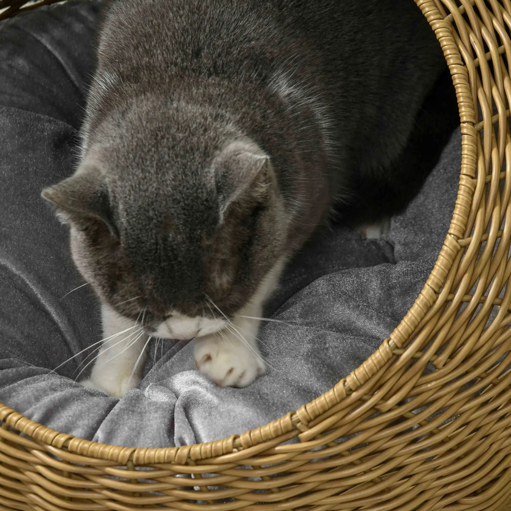 PawHut ratanový košík pro kočky s polštářem pro kočky do 4 kg, vnitřní jeskyně pro kočky z PE ratanu, Ø50 x 31 cm, světle hnědý pro útulné útočiště |…