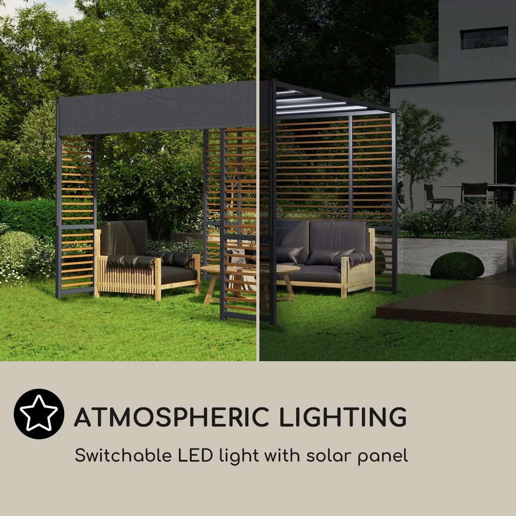 Blumfeldt Valenta, altán, 3 x 3 m, UV50+, vodoodpudivá, solární LED osvětlení, solární panel