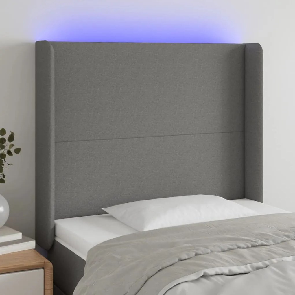 Čelo postele s LED tmavě šedé 93 x 16 x 118/128 cm textil 3123751