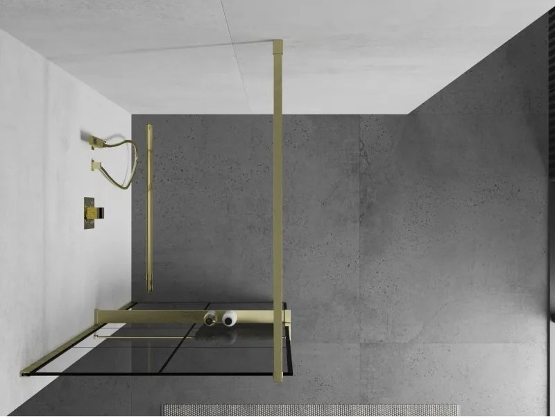 Mexen Kioto+, sprchová zástěna Walk-In s poličkou a věšákem 90 x 200 cm, 8mm čiré sklo černý vzor, zlatý matný profil, 800-090-121-55-77