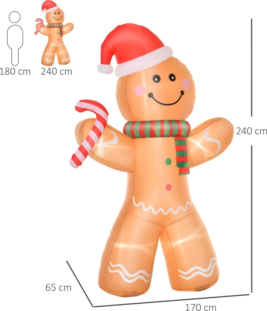 HOMCOM Samonafukovací perníkový muž, včetně ventilátoru, vánoční dekorace 2,4 m s LED světly