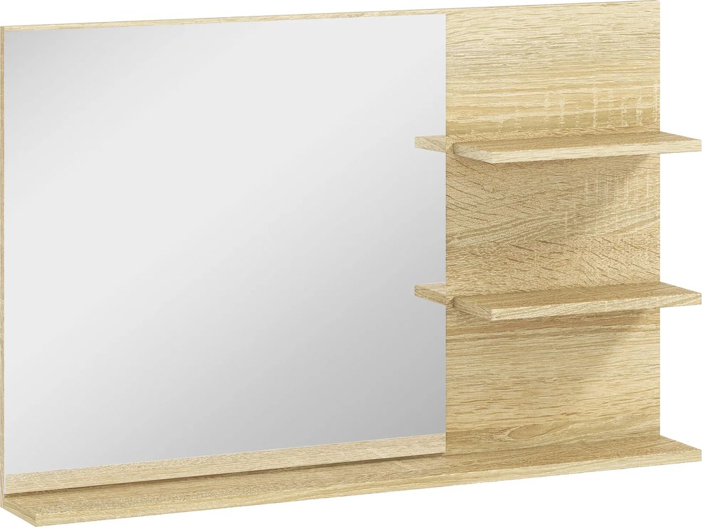 Moderní koupelnové zrcadlo Kleankin se 2 bočními policemi a spodní policí, nástěnné zrcadlo z MDF a skla, 75x10x48 cm, Dřevěná barva