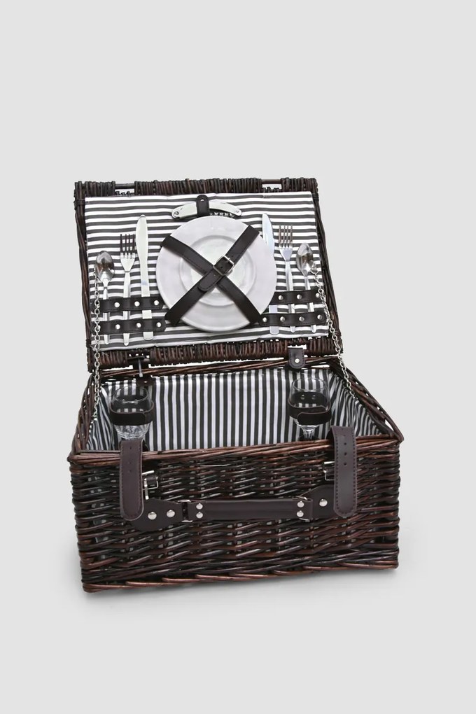 Vingo Hnědý proutěný piknikový koš pro 2 s celonerezovými příbory – 40 x 30 cm