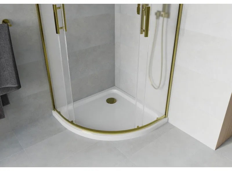 Mexen Rio, čtvrtkruhový sprchový kout 90(dveře)x90(dveře)x190 cm, 5mm sklo námraza, zlatý profil + bílá sprchová vanička SLIM, 863-090-090-50-30-4110G