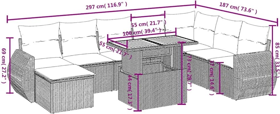 9dílná zahradní sedací souprava s poduškami černá polyratan 3272329