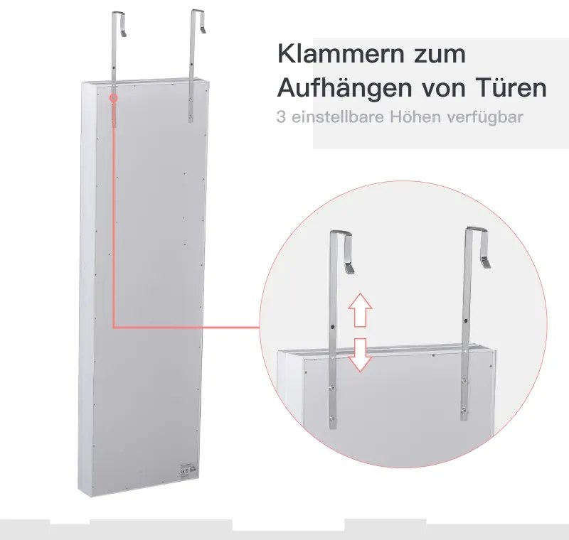 Skříňka na šperky (šperkovnice) se zrcadlem a LED osvětlením, nástěnná / závěsná, bílá, 36,6 x 8 x 120 cm 831-330