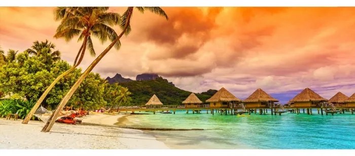 DIMEX | Panoramatická vliesová fototapeta na zeď Polynésie MP-2-0211  | 375 x 150 cm | oranžová, tyrkysová, hnědá, zelená