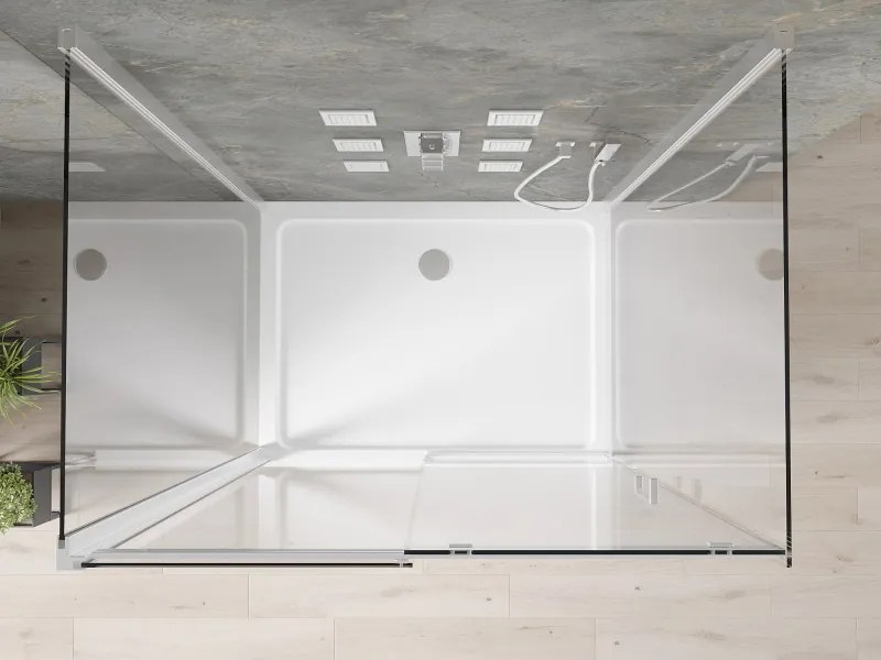Mexen Omega, 3-stěnový sprchový kout s posuvnými dveřmi 110 (dveře) x 100 (stěna) x 190 cm, 8mm čiré sklo, chromový profil + bílá sprchová vanička SLIM, 825-110-100-01-00-3S-401
