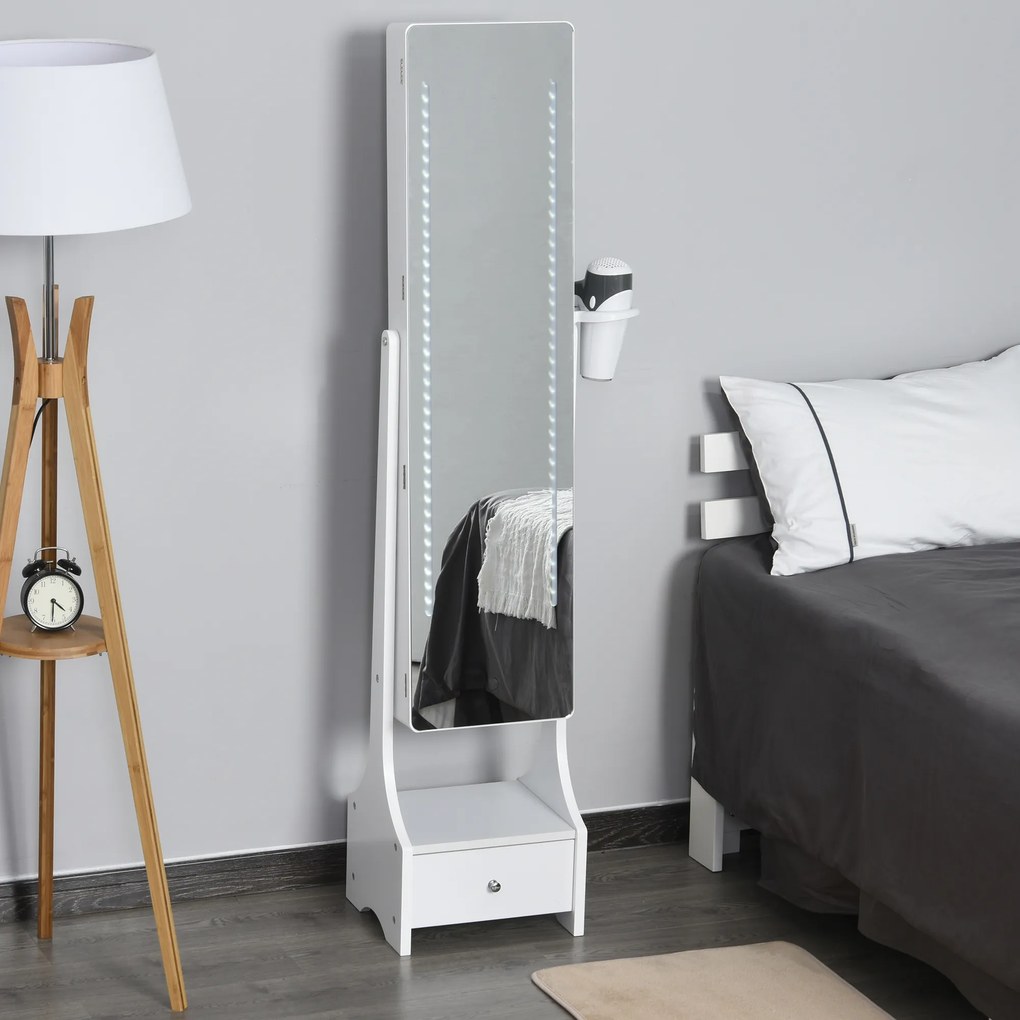 HOMCOM LED šperkovnice 2 v 1, šperkový regál se zrcadlovou skříňkou a zásuvkou, MDF, bílá, 37 x 30 x 158 cm