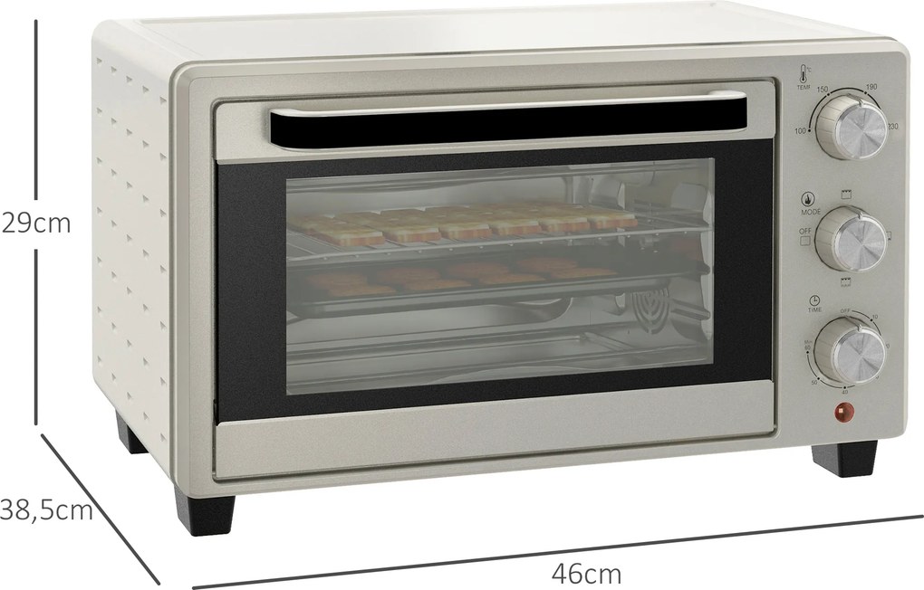 HOMCOM Mini trouba 21L Pizza Mini trouba Plech na pečení Plech na drobky 1400W Pultová trouba 1h Časovač 100-230°C Kovový krém