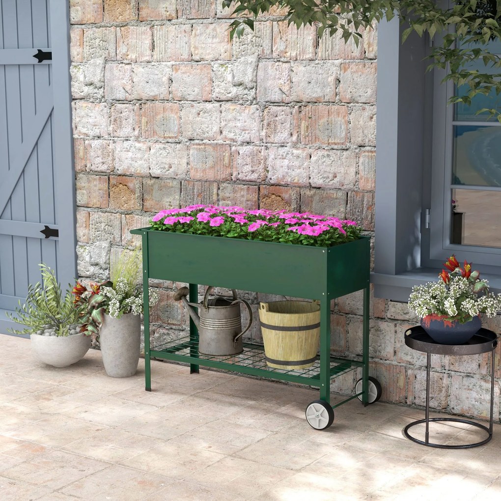 Outsunny vyvýšený záhon s kolečky, policový záhon na bylinky kovový záhon pro zahradu, balkon zelený 109 x 44 x 80 cm