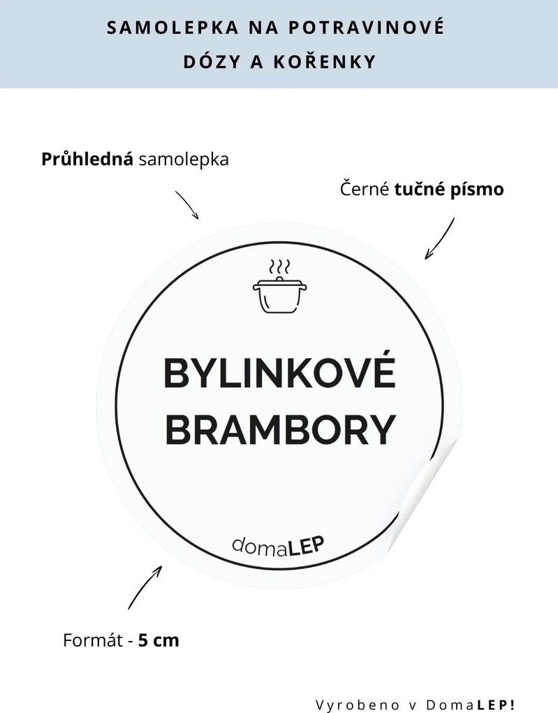 Samolepka na kořenky BYLINKOVÉ BRAMBORY průhledná 5 cm tučné písmo