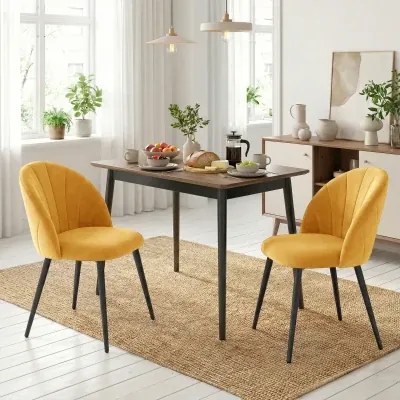 HOMCOM Set 2 čalouněné jídelní židle s mušlovým opěradlem z sametu, 52x55x79 cm, Žlutá