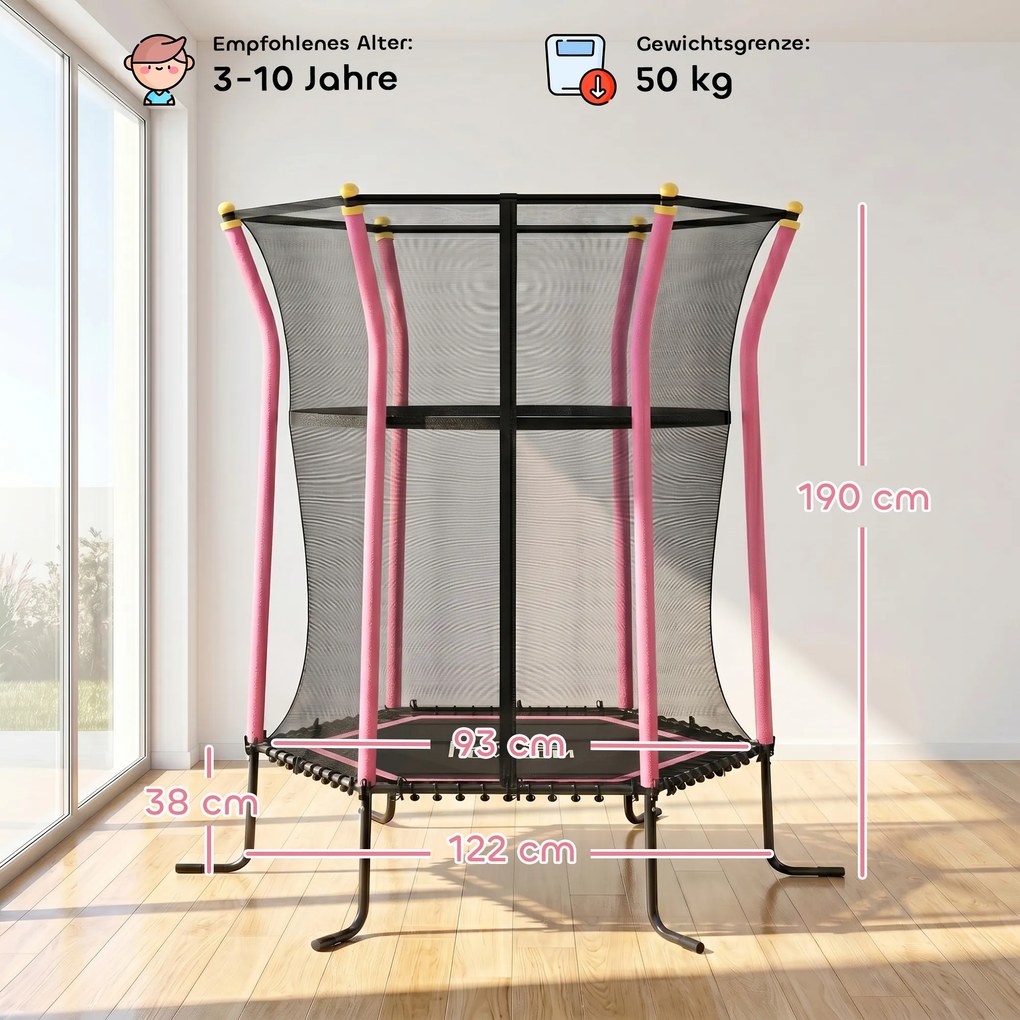 HOMCOM Dětská trampolína Ø163,5 cm, vnitřní trampolína s bezpečnostní sítí a krytem okraje Bungee, dětská trampolína do 50 kg, pro děti 3-10 let Růžo…