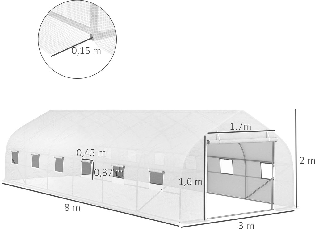 Outsunny Tunelový Skleník 24 m² s PE Krytem a Pozinkovaným Ocelovým Rámem Ø 24 mm 12 Zelených Oken a Rolovacích Dveří 8 x 3 x 2 m Bílá