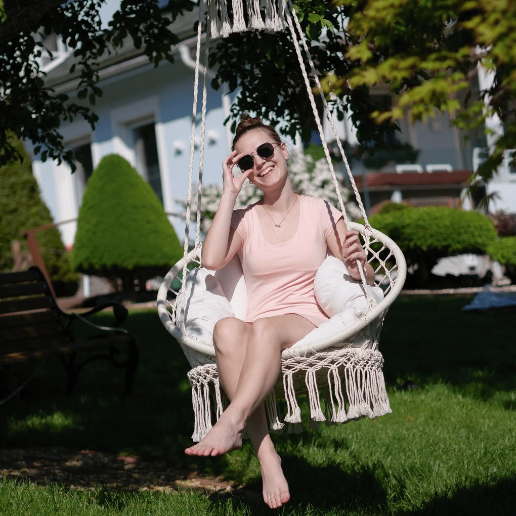 Závěsné houpací křeslo s třásněmi, bílá, DELUS