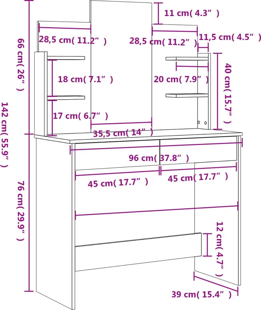 vidaXL Toaletní stolek se zrcadlem 96 x 39 x 142 cm [837579] Barva: dub sonoma