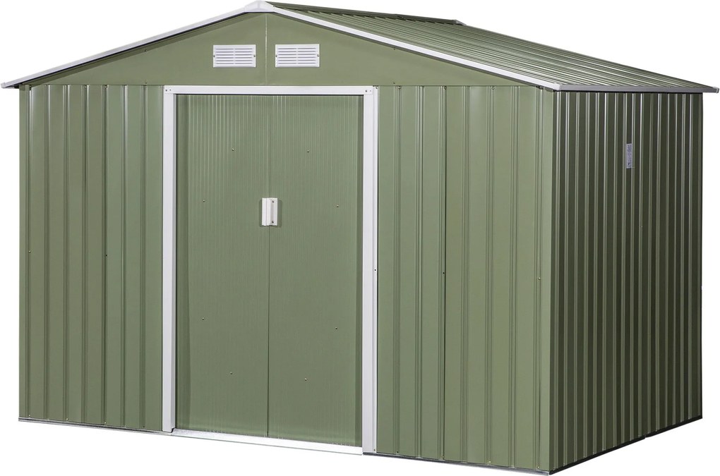 Outsunny Kůlna na nářadí 4,9 m², Zahradní domek s štítovou střechou, Posuvné dveře, Základna, 277 x 195 x 192 cm, Kůlna z pozinkované oceli, Odolná vů