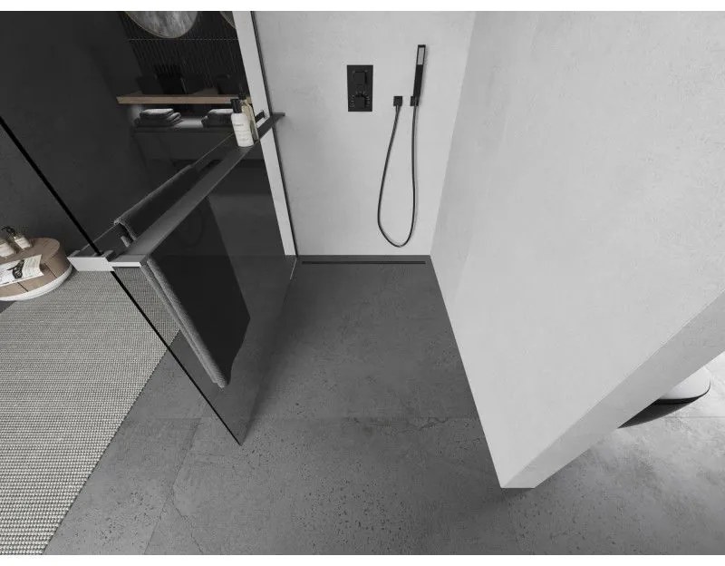 Mexen Kioto+ L, sprchová zástěna Walk-In s poličkou a věšákem 80 x 200 cm, 8mm čiré sklo, grafitový profil, 800-080-123-95-00