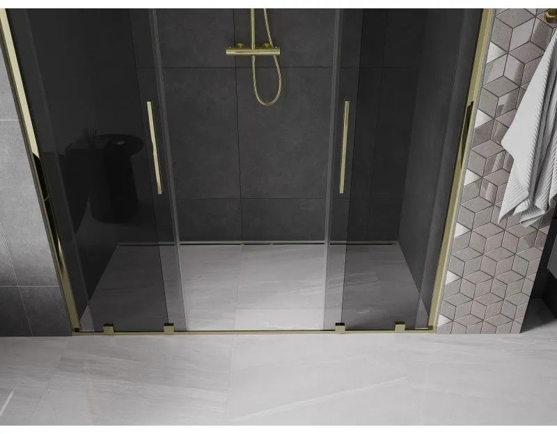 Mexen Velar Duo, posuvné sprchové dveře do otvoru 170 cm, 8mm šedé sklo, zlatá lesklá, 871-170-000-42-50