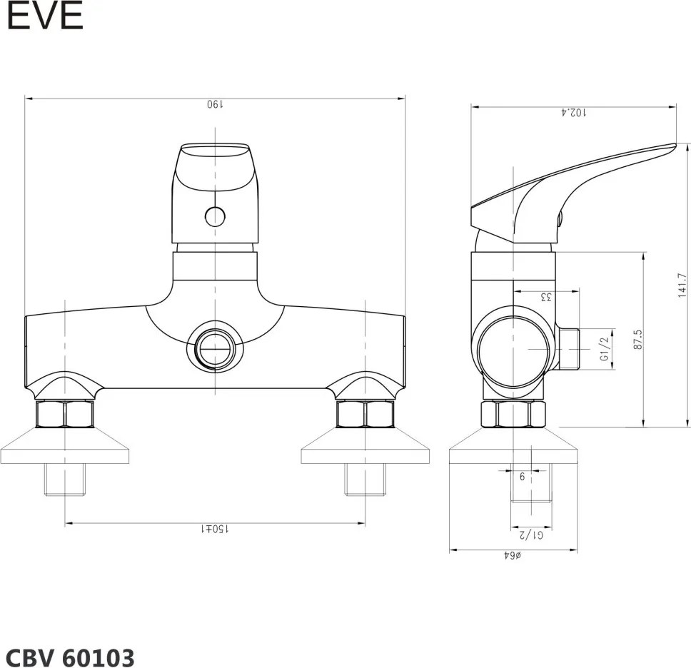 Mereo Mereo, Sprchová nástěnná baterie, Eve, bez příslušenství, 150 mm, chrom, CBV60103