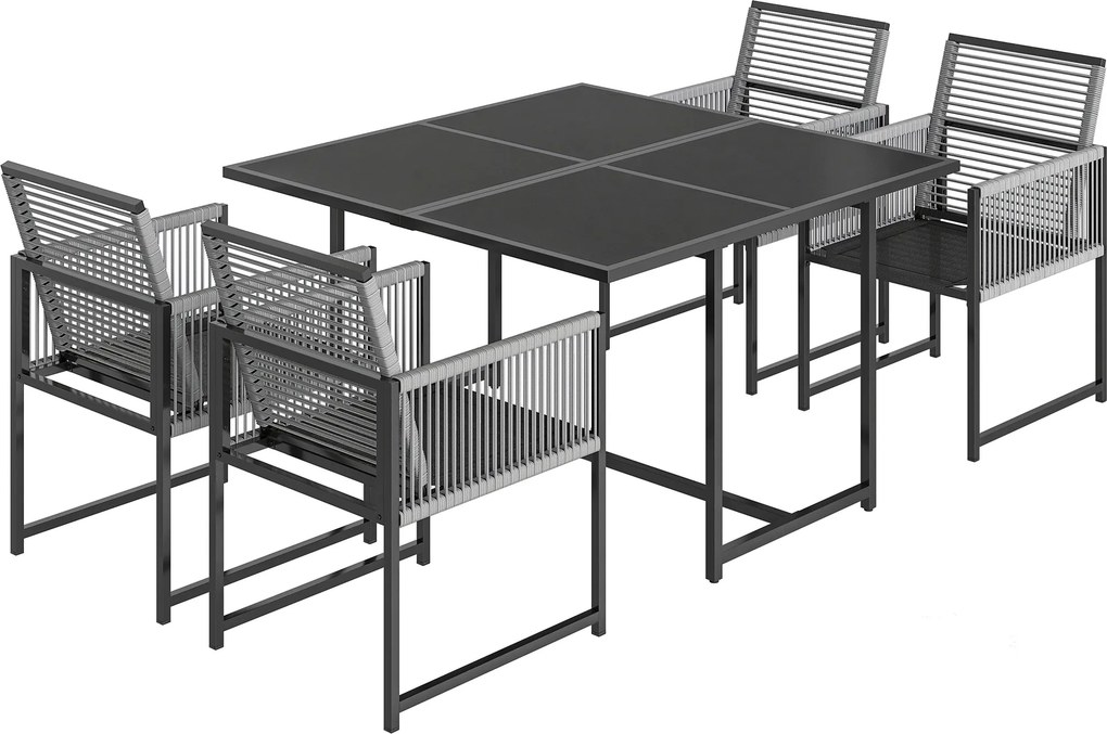 Outsunny 5dílný venkovní jídelní set – čtvercový stůl se skleněnou deskou a 4 skládací provazové židle, světle šedá