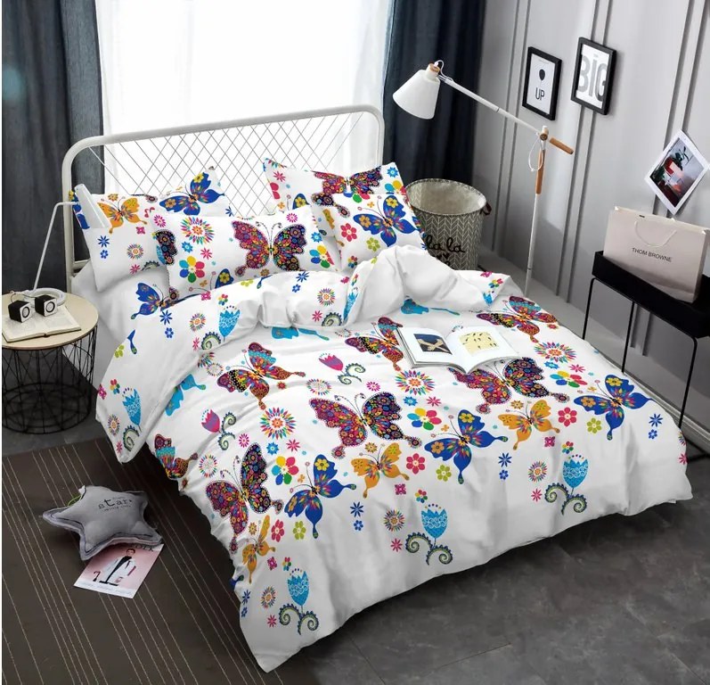 Povlečení z mikrovlákna BAREVNÝ MOTÝL bílé Rozměr povlečení: 2 ks 70 x 90 cm | 200 x 220 cm