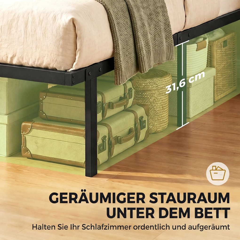 HOMCOM kovový rám postele s úložným prostorem pod postelí, výška 35,5 cm, tichý design, bez roštů, snadná montáž, 90 x 200 cm, černý