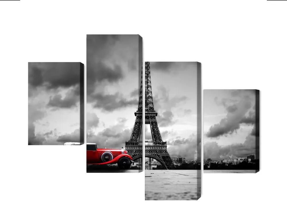 Vícedílný obraz Černobílý Pohled Na Eiffelovu Věž A Retro Auto Nedostatek Nedostatek Přírodní plátno 80x50
