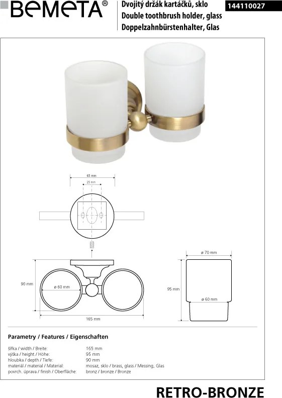 Bemeta Design RETRO bronz: Držák kartáčků, dvojitý, sklo -
