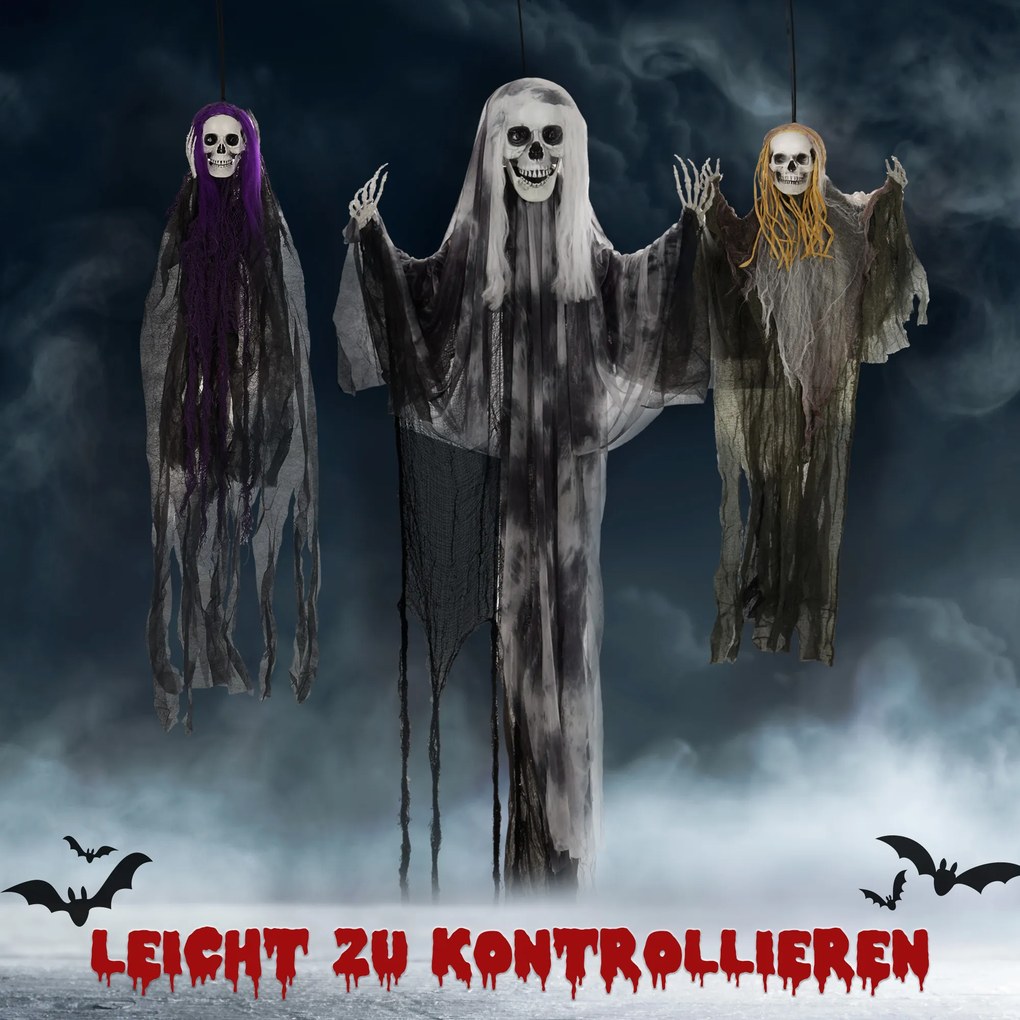 HOMCOM Visící kostlivci-duchové, sada 3 ks, Halloween dekorace, nastavitelná paže, 90/110/200 cm