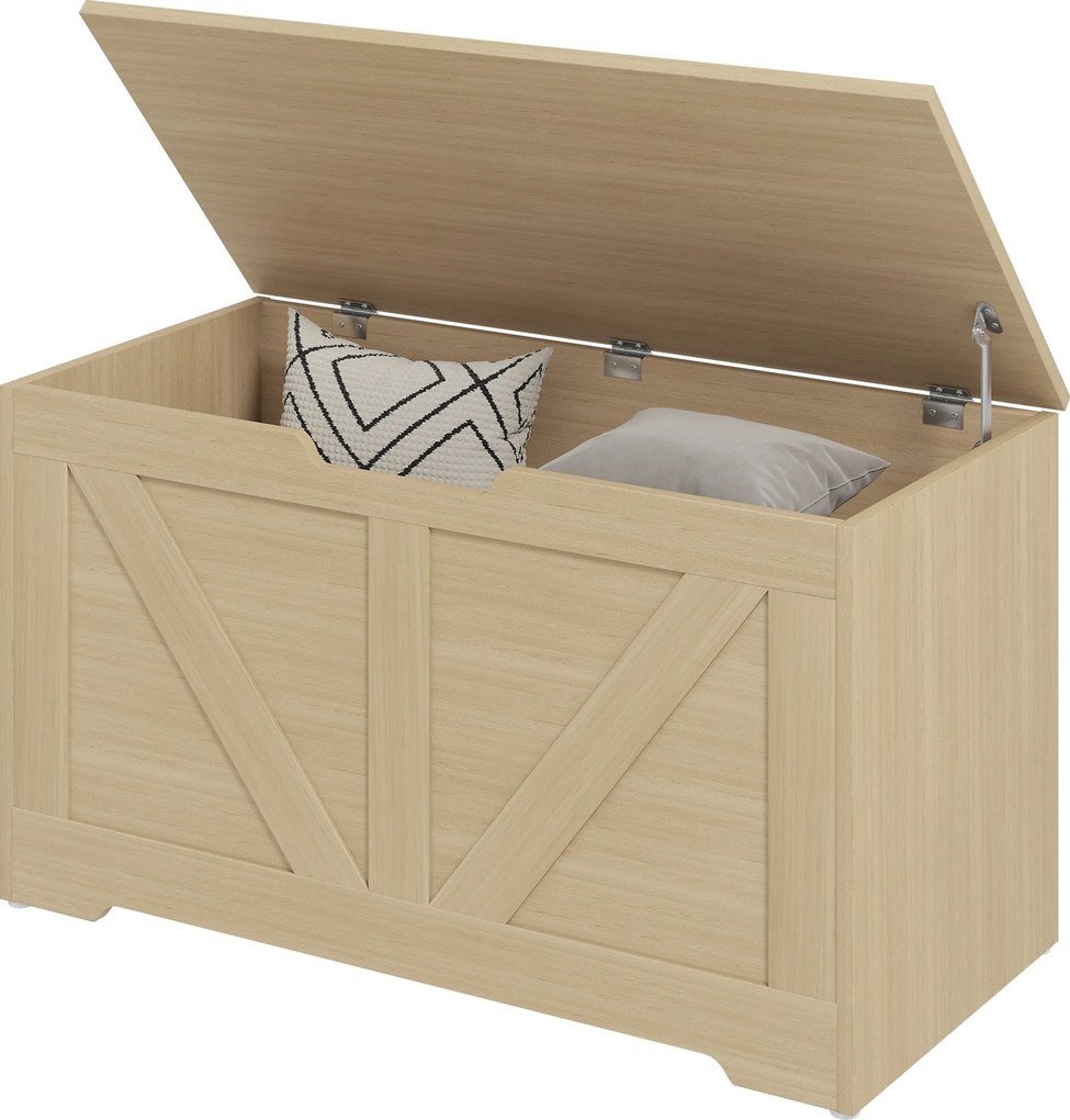 HOMCOM úložná truhla s sklápěcím víkem a bezpečnostními panty, 80 x 40 x 45 cm, přírodní dřevo