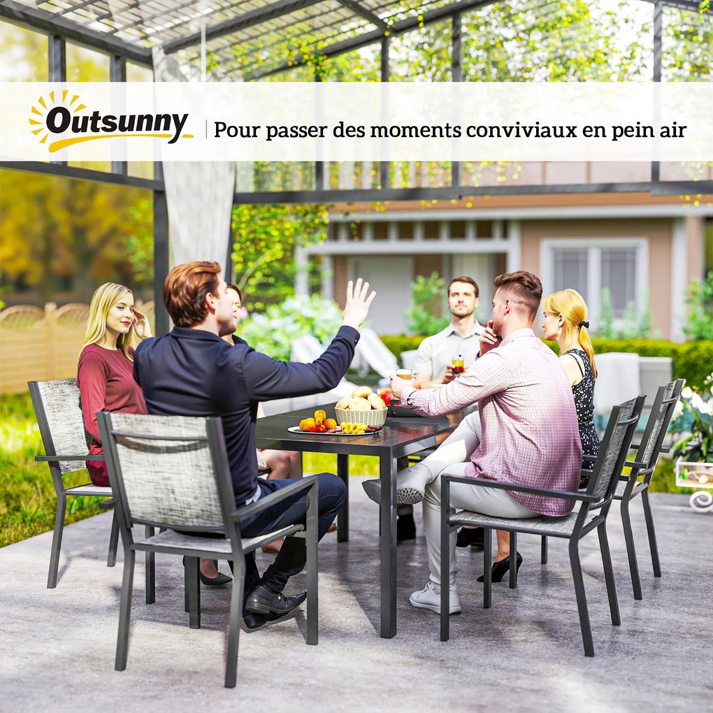 Outsunny Sada Zahradního Nábytku do Exteriéru 7 Kusů, Zahradní Stůl s 6 Stohovatelnými Židlemi, 150 cm Lamely, Ocelová Konstrukce Odolná proti Korozi…